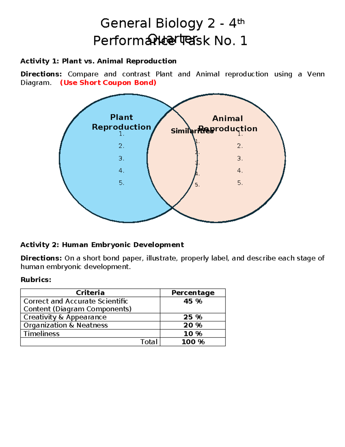 Performance-Task-No - Biology 2 activity - Activity 1: Plant vs. Animal ...