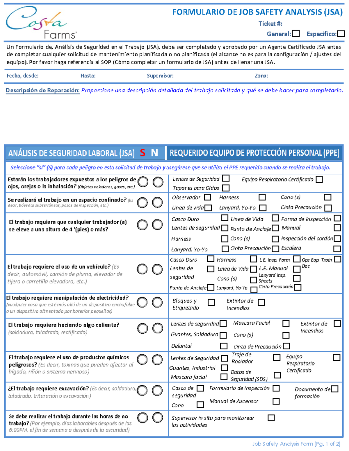 Job Safety Analysis (JSA) Form, Spanish (Final) - Fecha, desde: Un ...