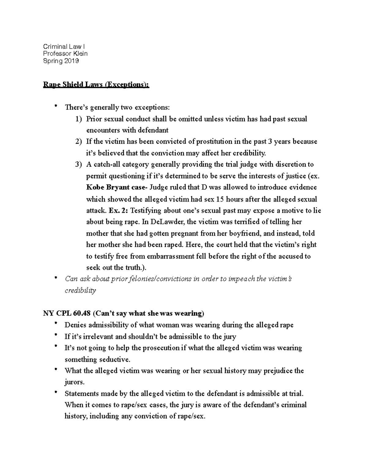 Rape Shield Laws (Exceptions) - Criminal Law I Professor Klein Spring ...