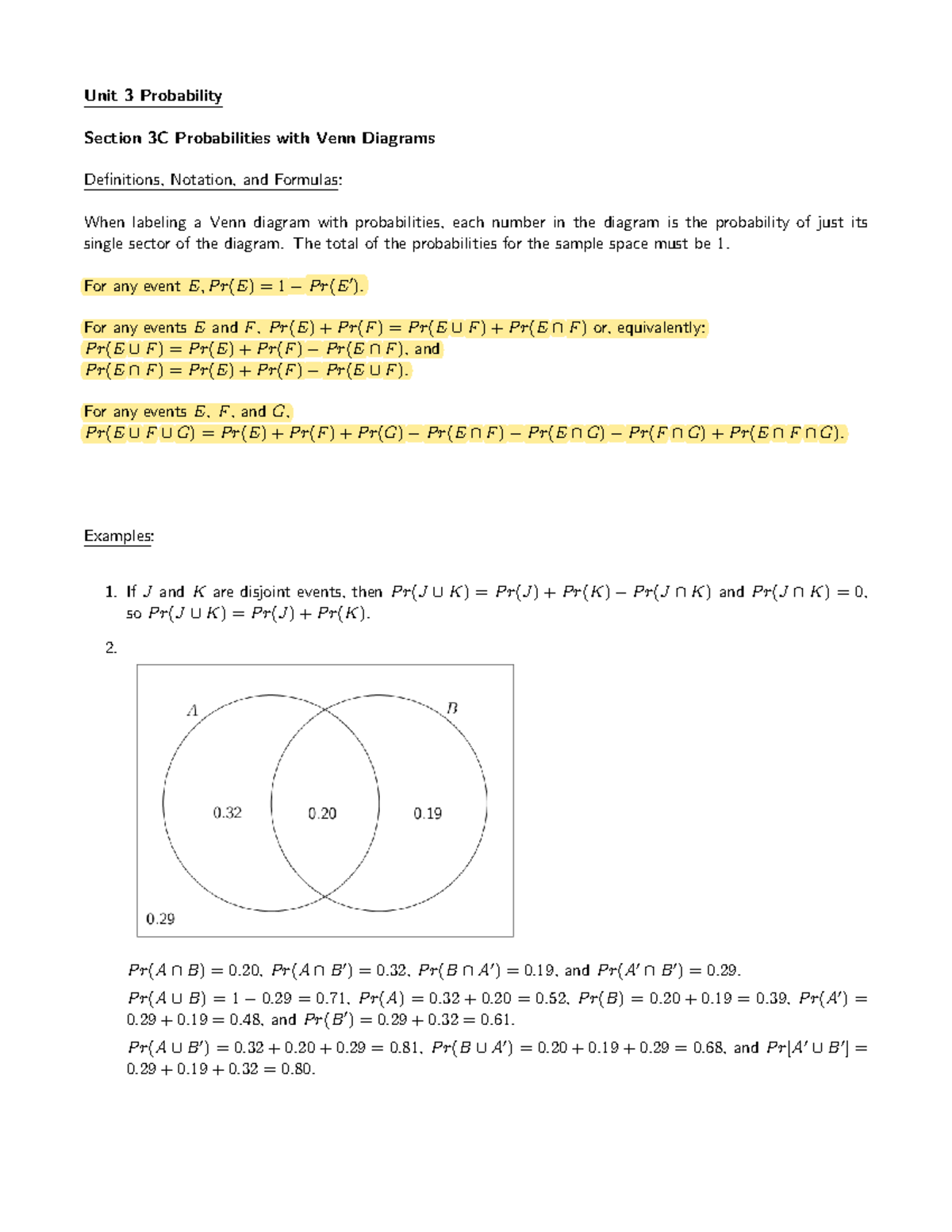 3 - 3.1 - Unit 3 Probability Section 3C Probabilities with Venn ...