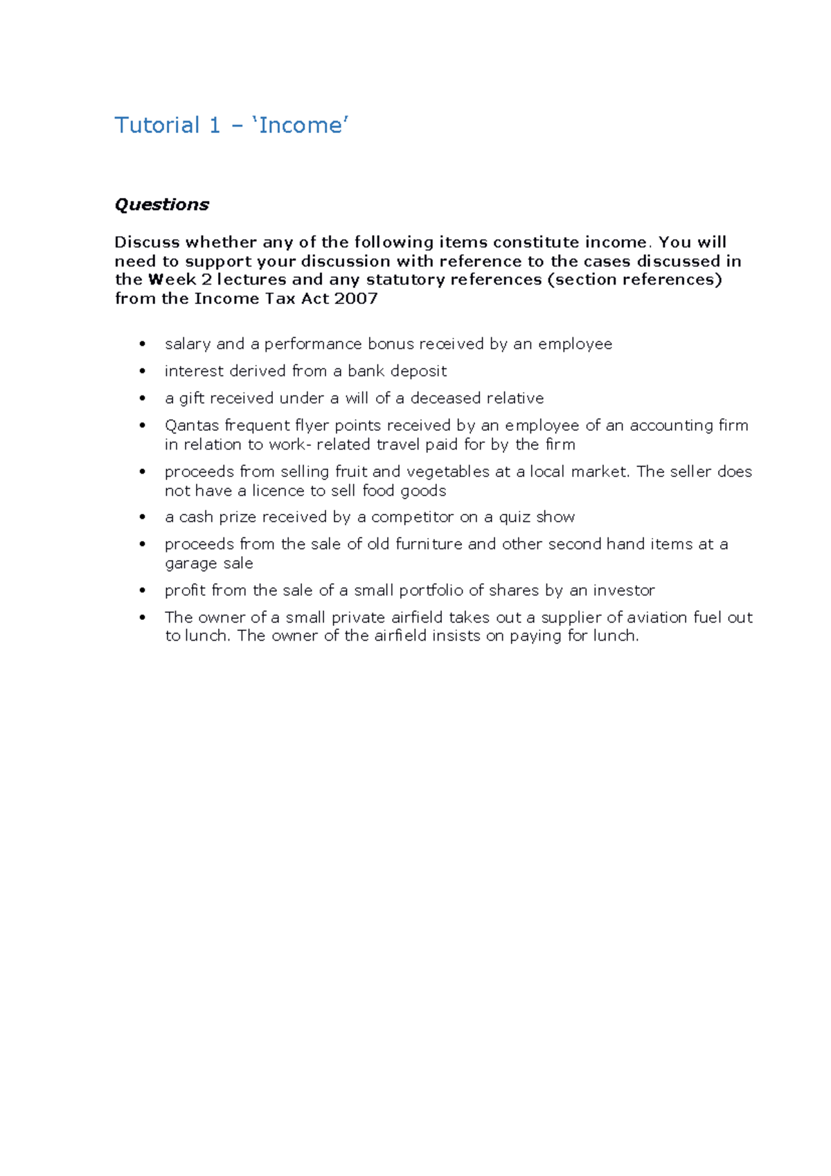 Tutorials with Solutions - Tutorial 1 – ‘Income’ Questions Discuss ...