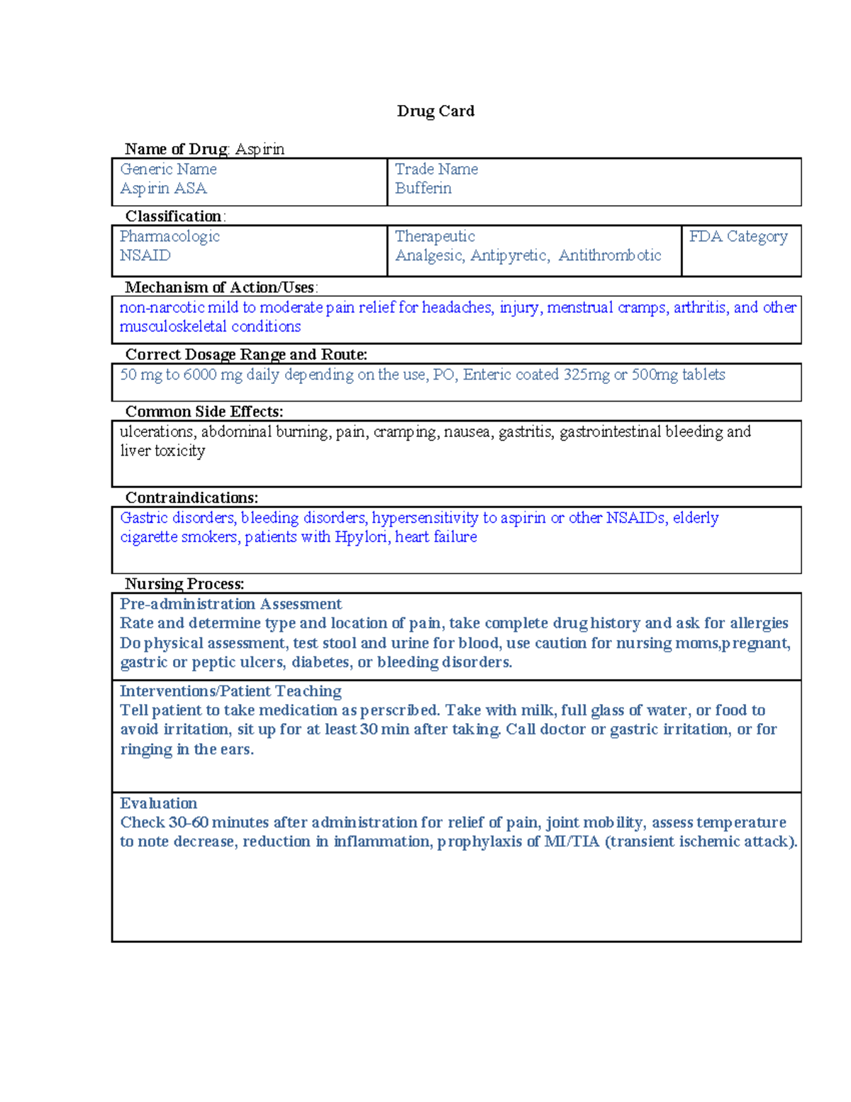 Idoc - medication card: aspirin ASA - Drug Card Name of Drug: Aspirin ...