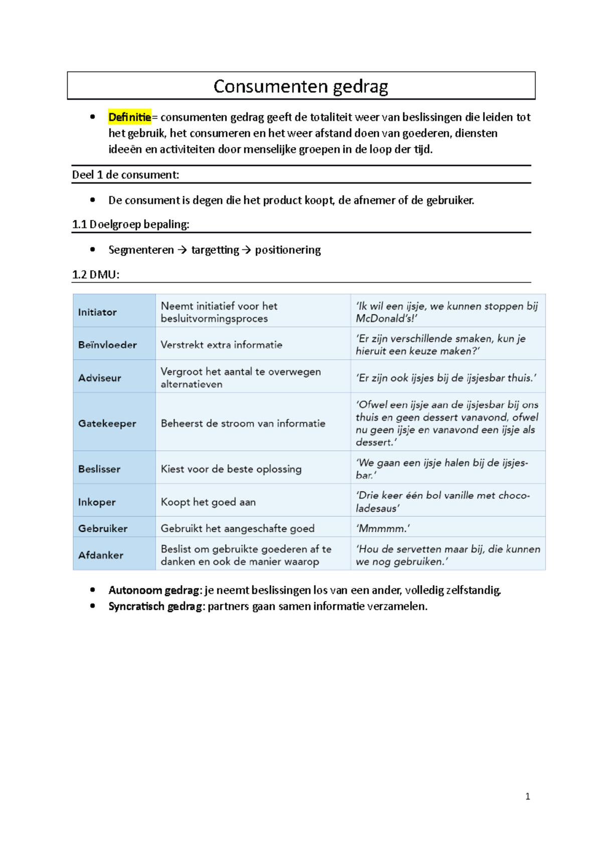 Deel 1 consumentengedrag - Consumenten gedrag Definitie= consumenten ...