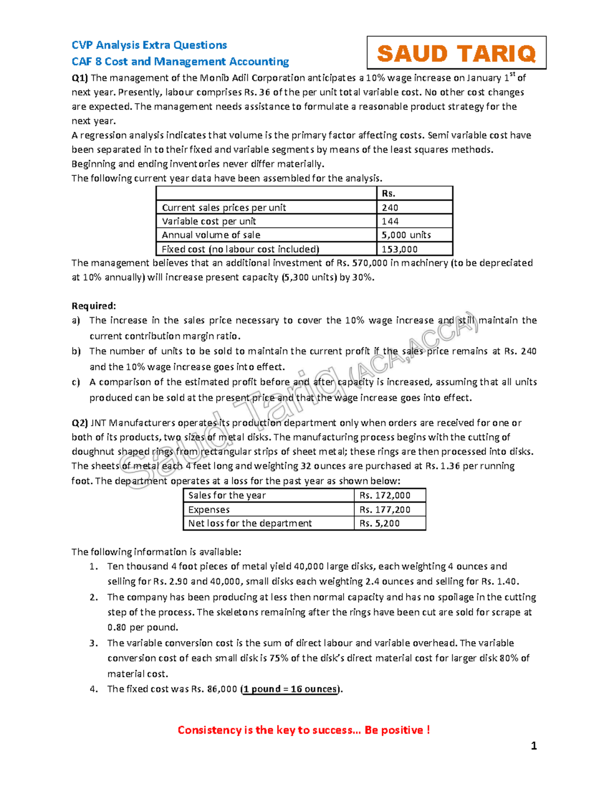CVP-Extra Questions ST with Solution - CAF 8 Cost and Management Accounting SAUD TARIQ ...