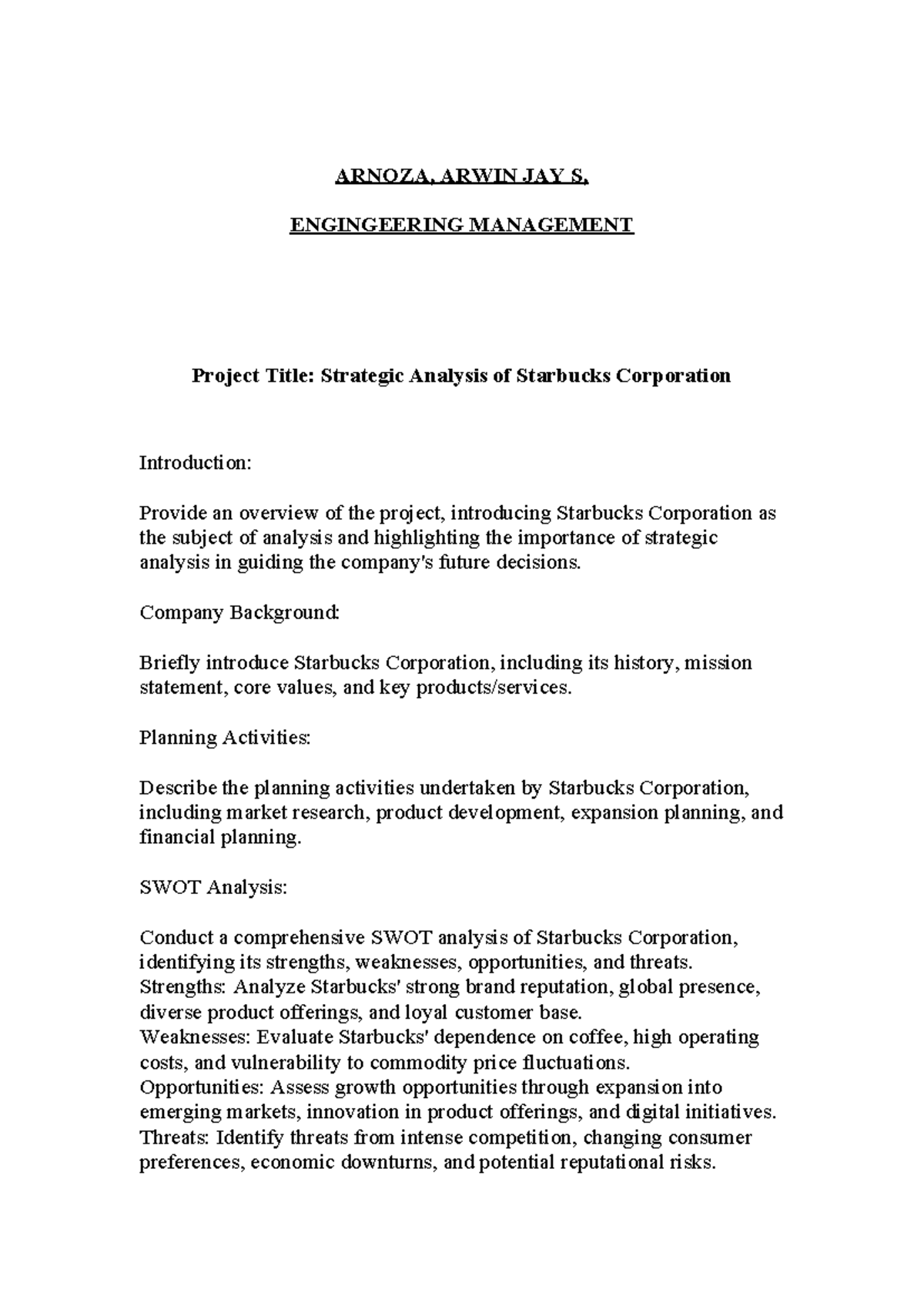 Engineering MAnage - Mng - ARNOZA, ARWIN JAY S, ENGINGEERING MANAGEMENT Project Title: Strategic ...