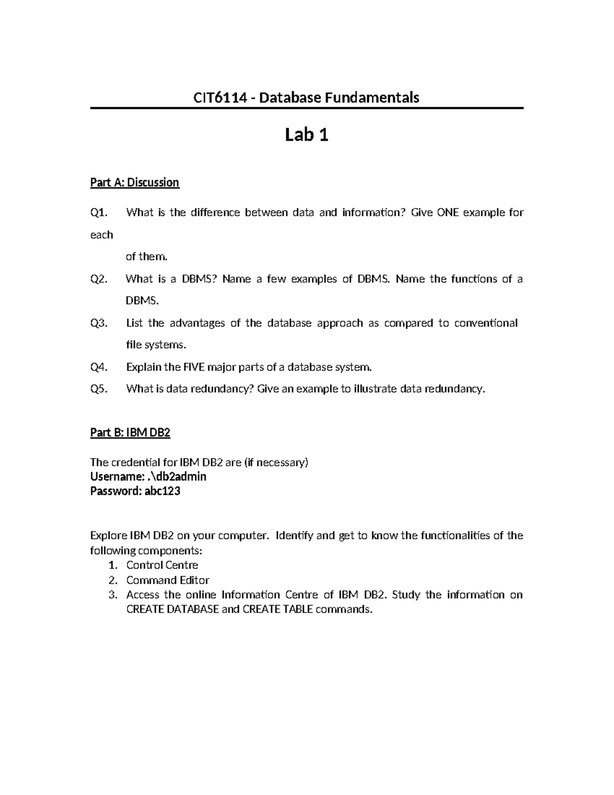 1. Lab 1 - CIT6114 - Database Fundamentals Lab 1 Part A: Discussion Q1 ...