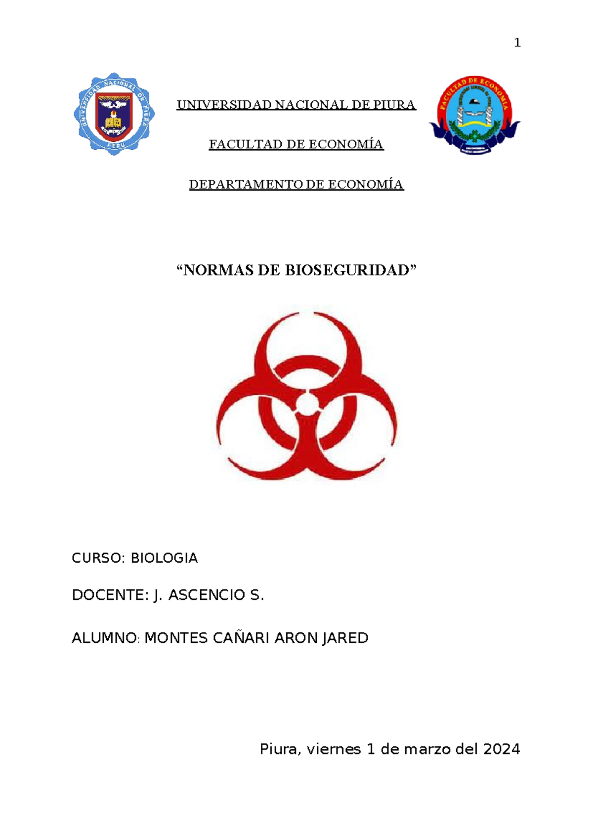 Normas DE Bioseguridad yo - UNIVERSIDAD NACIONAL DE PIURA FACULTAD DE ...
