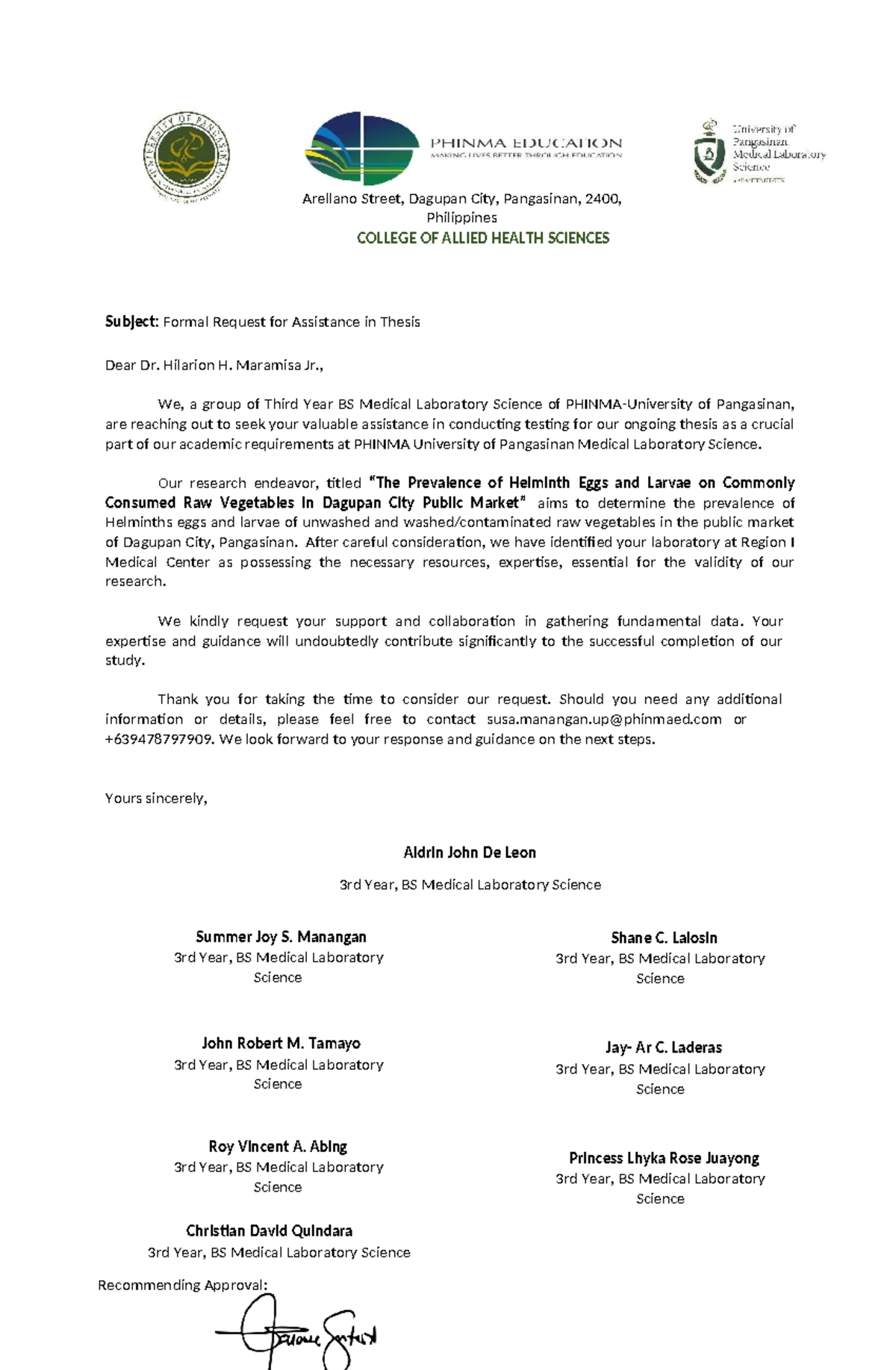 Letter for region 1 - Arellano Street, Dagupan City, Pangasinan, 2400 ...