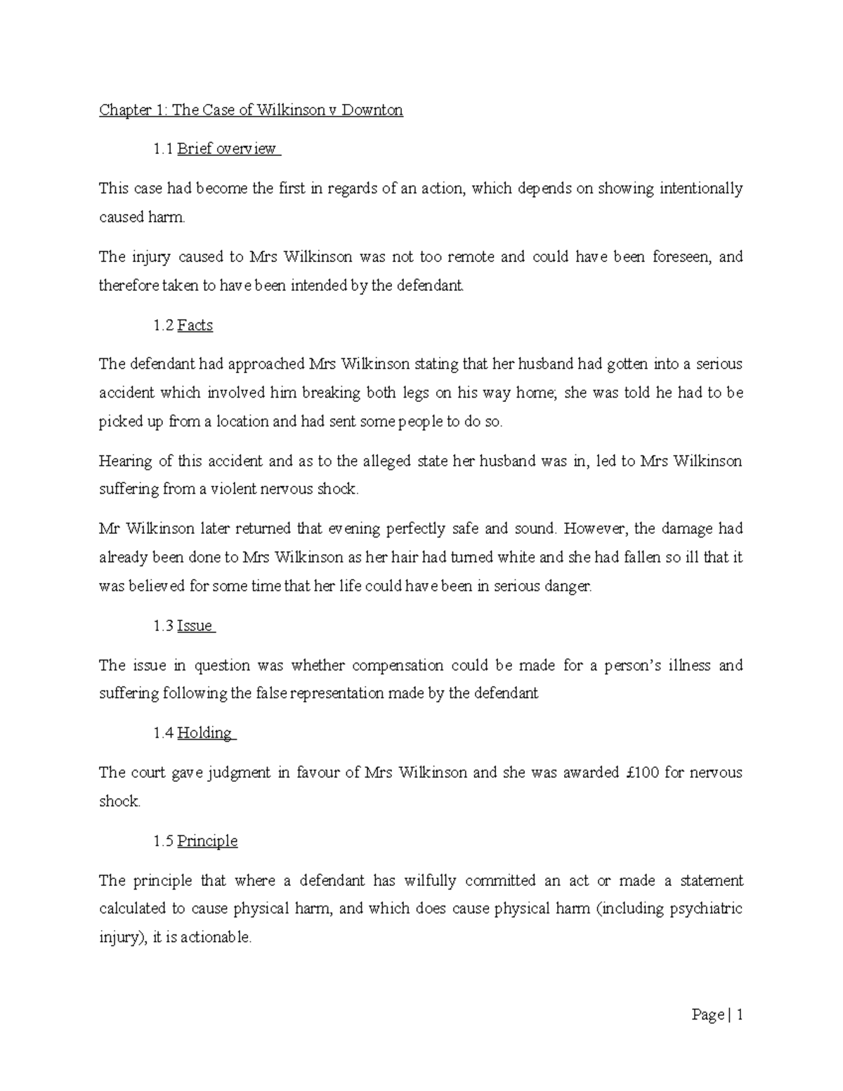 Torts, Assignment 1 - Chapter 1: The Case of Wilkinson v Downton 1 ...