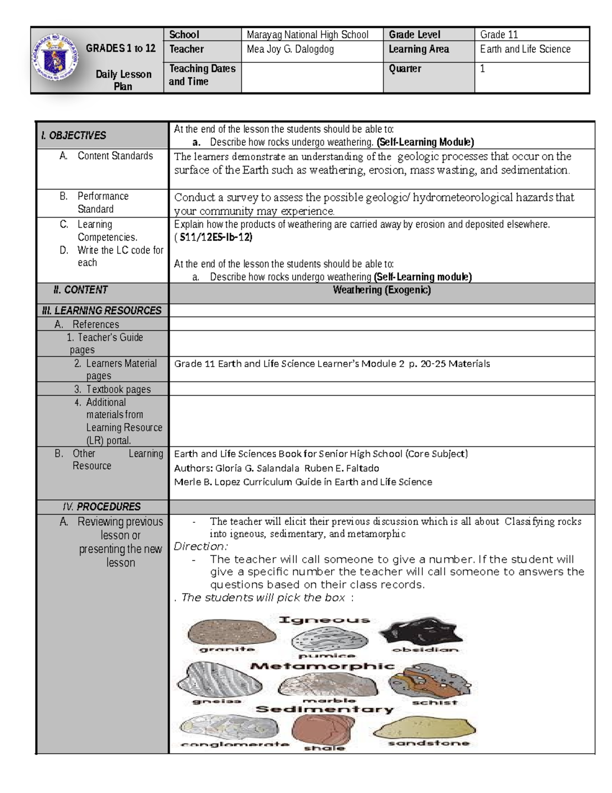 COT Weathering - Copy - dlp - I. OBJECTIVES At the end of the lesson ...