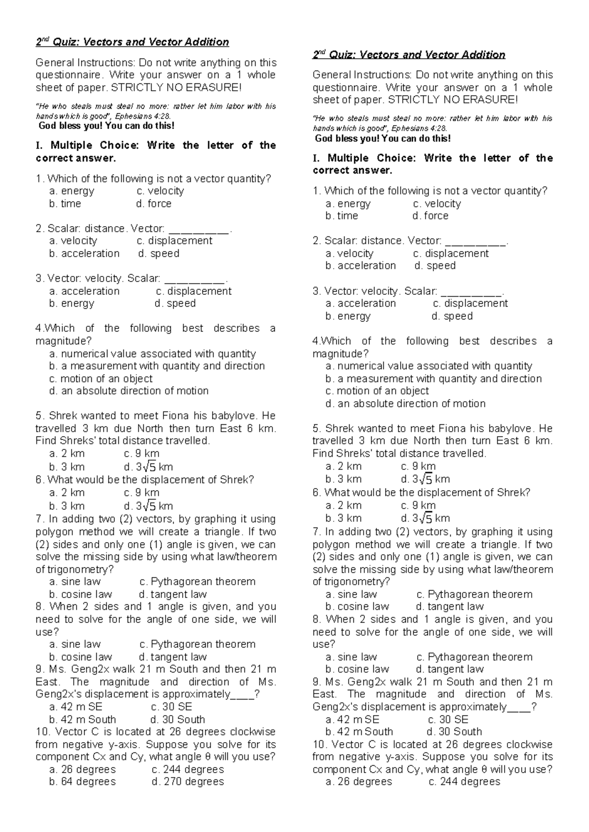 2nd Quiz Vectors General Physics 1 - 2 nd Quiz: Vectors and Vector ...