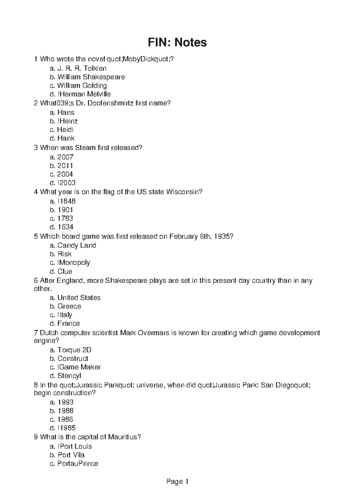 FIN196 Slides 3 - FIN: Notes 1 Who wrote the novel quot;MobyDickquot ...