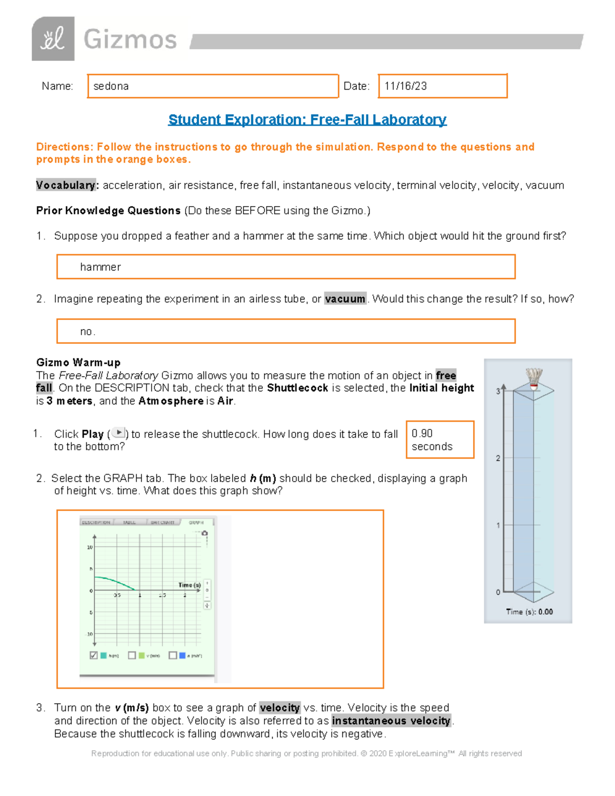 Copy of Free Fall SE-1 - hi ierghr g - Name: sedona Date: 11/16 ...