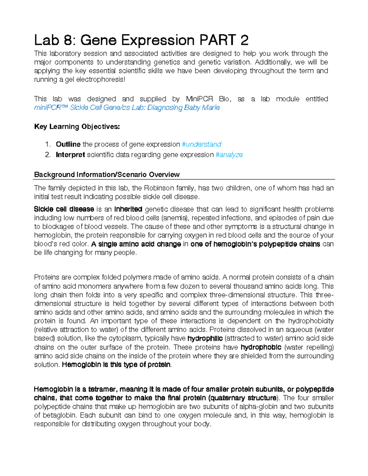 BIOL 1020 Lab 8 Handout - Lab 8 : Gene Expression PART 2 This ...