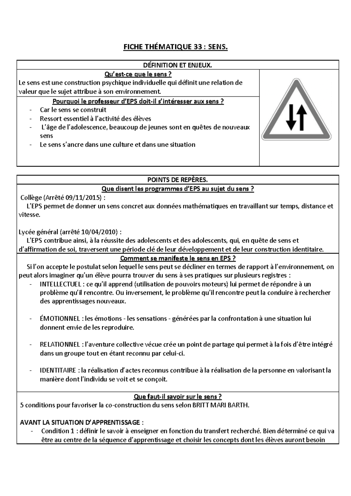 devoir sur le sens en EPS - FICHE THÉMATIQUE 33 : SENS. DÉFINITION ET ENJEUX. Qu’est-ce que le ...