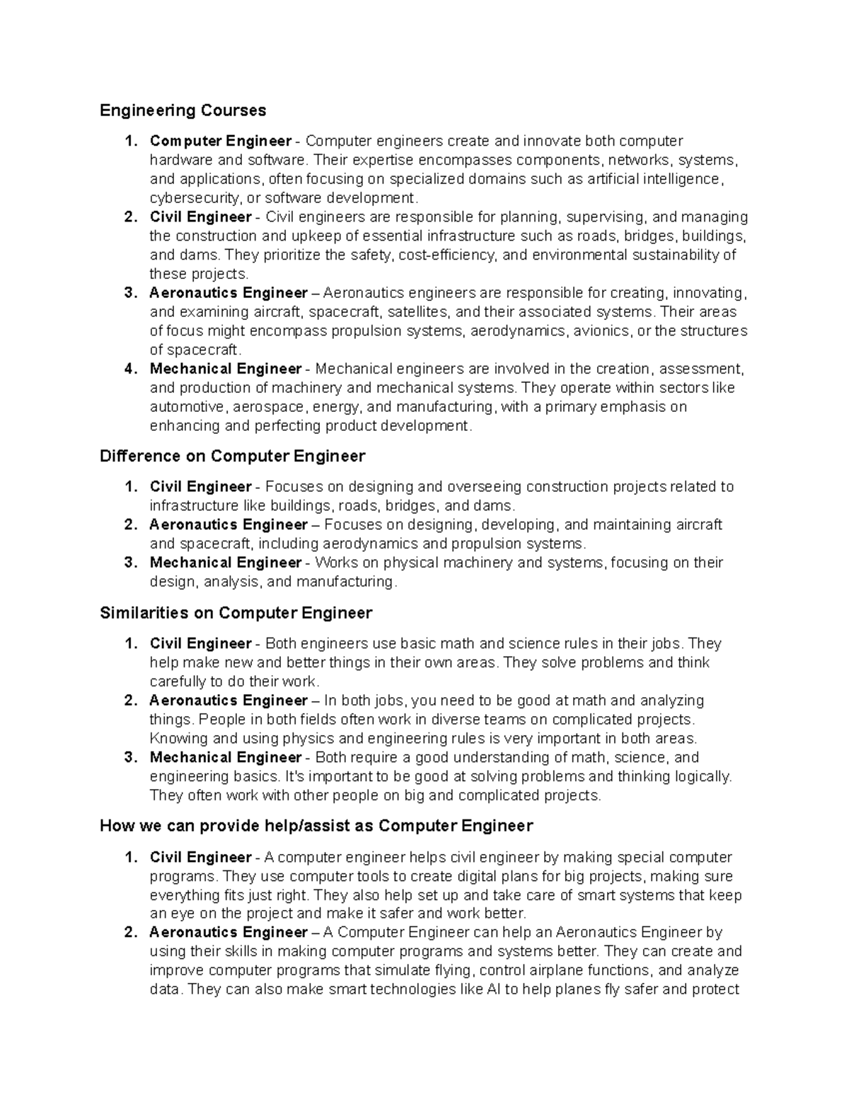 Engineering Courses - Assignment - Engineering Courses 1. Computer Engineer - Computer engineers ...