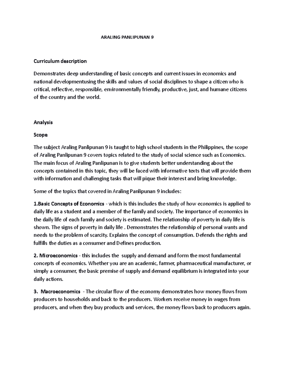 Analysis ( ma'am cele) - ARALING PANLIPUNAN 9 Curriculum description ...