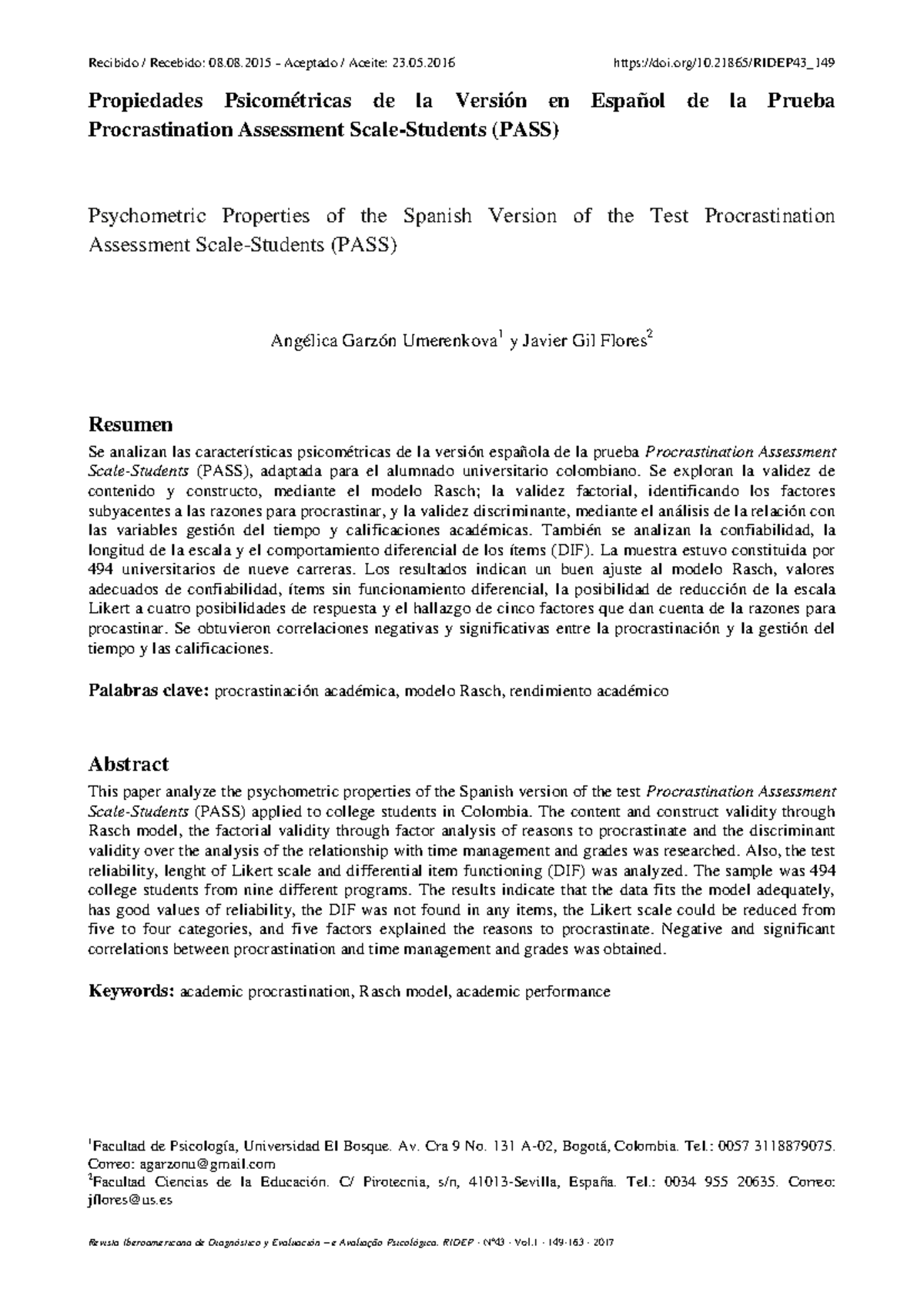 Escala PASS version español - Recibido / Recebido: 08.08 - Aceptado / Aceite: 23.05 - Studocu