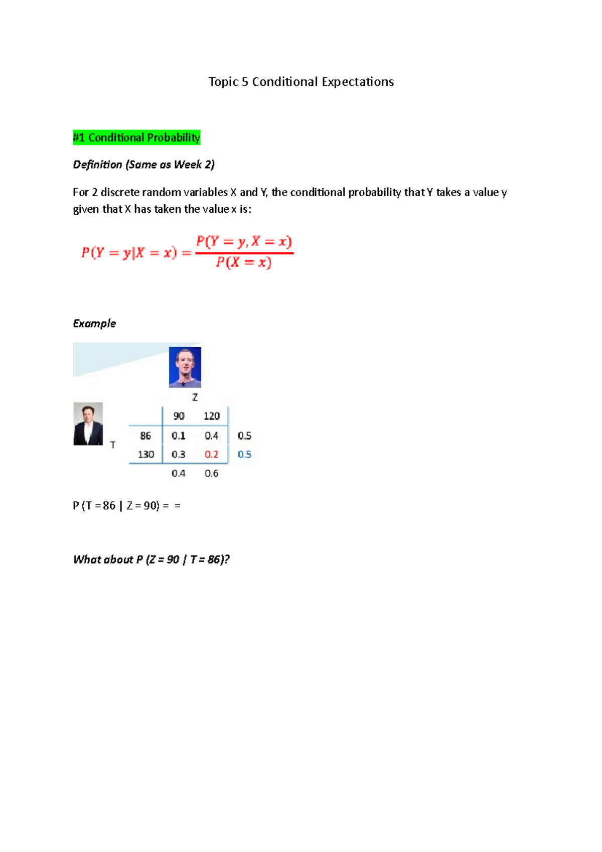 Topic 5 Conditional Expectations Topic 5 Conditional Expectations 1