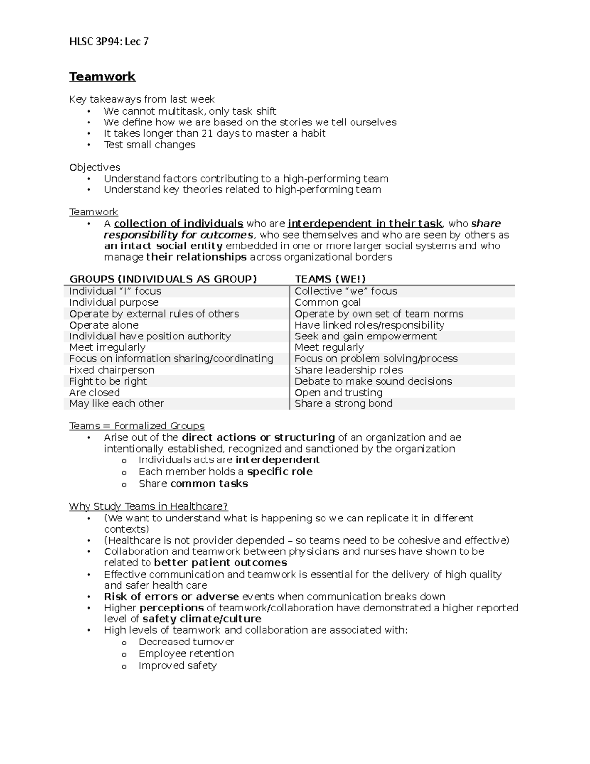 Lecture 7 Teamwork - HLSC 3P94: Lec 7 Teamwork Key takeaways from last ...