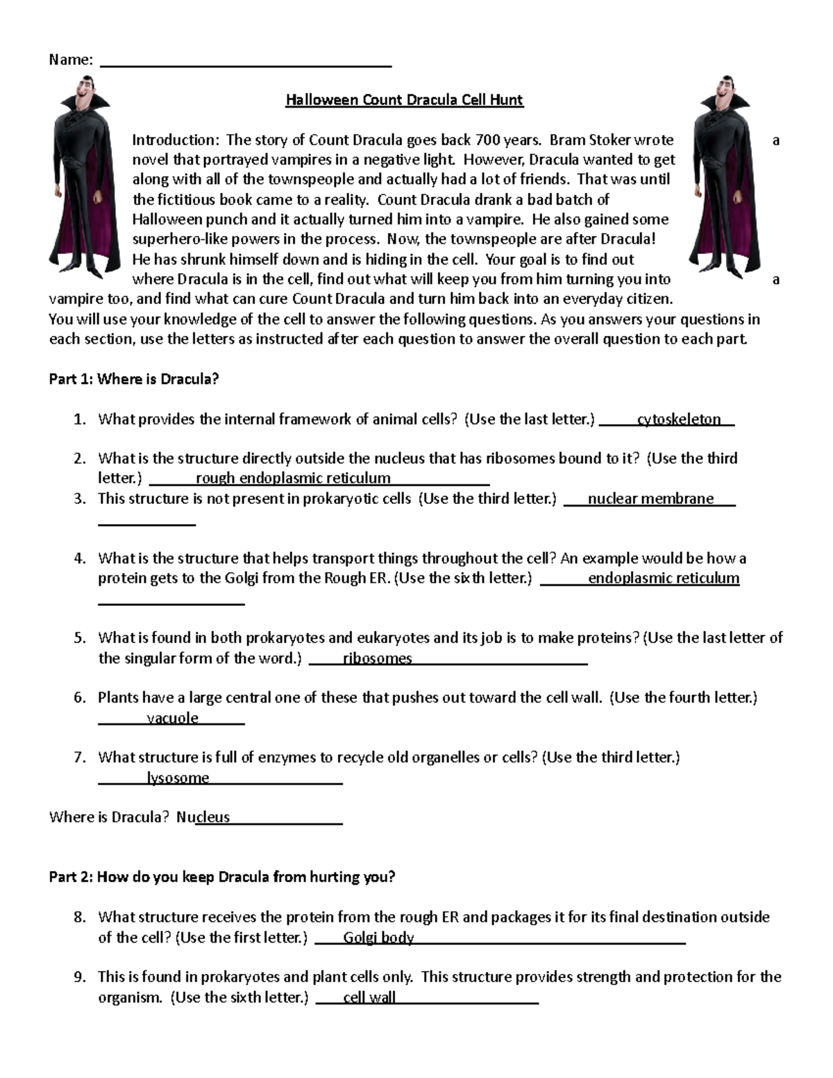 Halloween Dracula Cell Hunt Biology-1 - Name: Halloween Count Dracula ...
