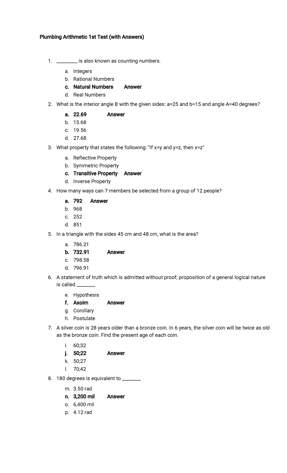 Plumbing Arithmetic - master plumber - Plumbing Arithmetic 1st Test ...