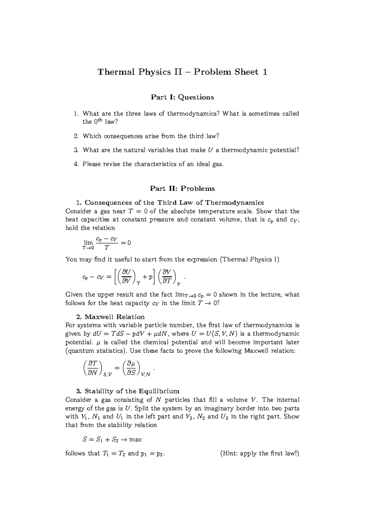 PX265 2012-2013 Problem Sheet 1 - Thermal Physics II – Problem Sheet 1 ...