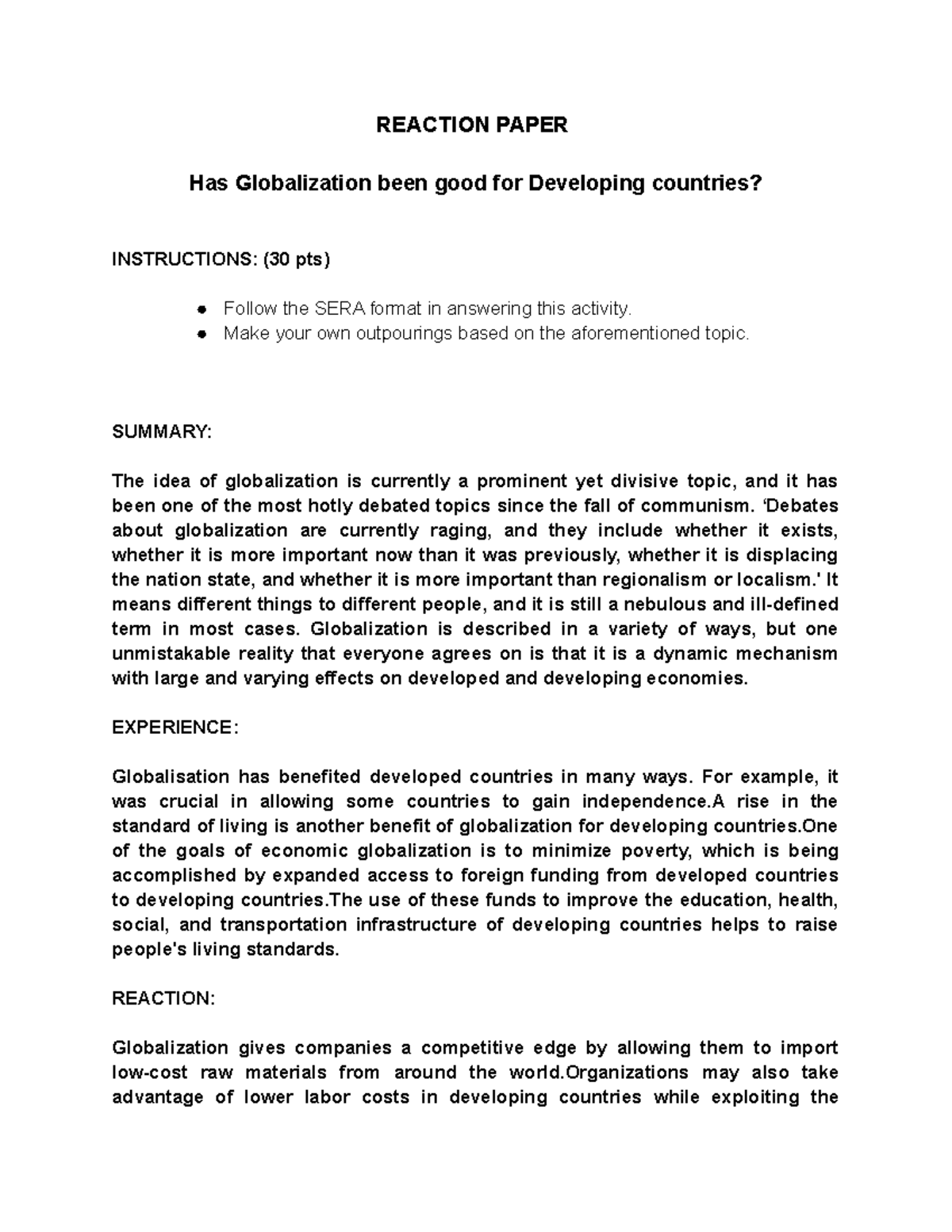 Globalization - Make your own outpourings based on the aforementioned ...