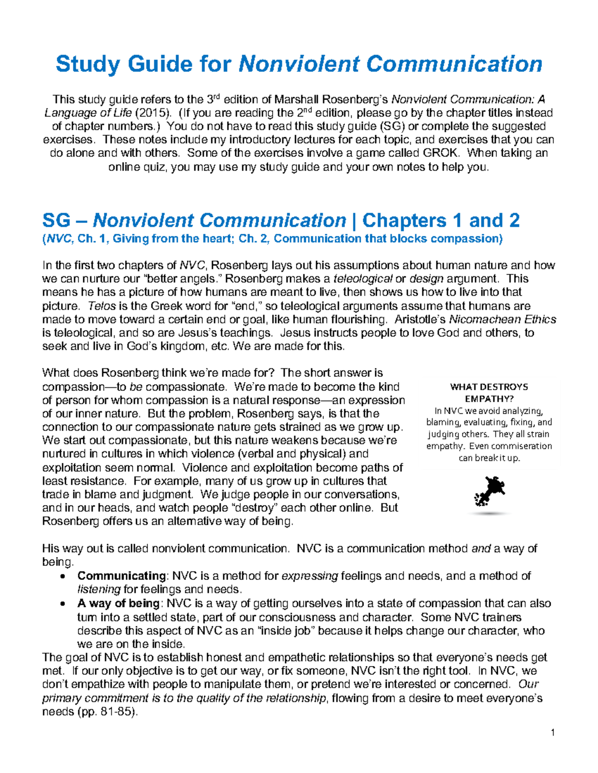 Study Guide - NVC - Study Guide for Nonviolent Communication This study ...