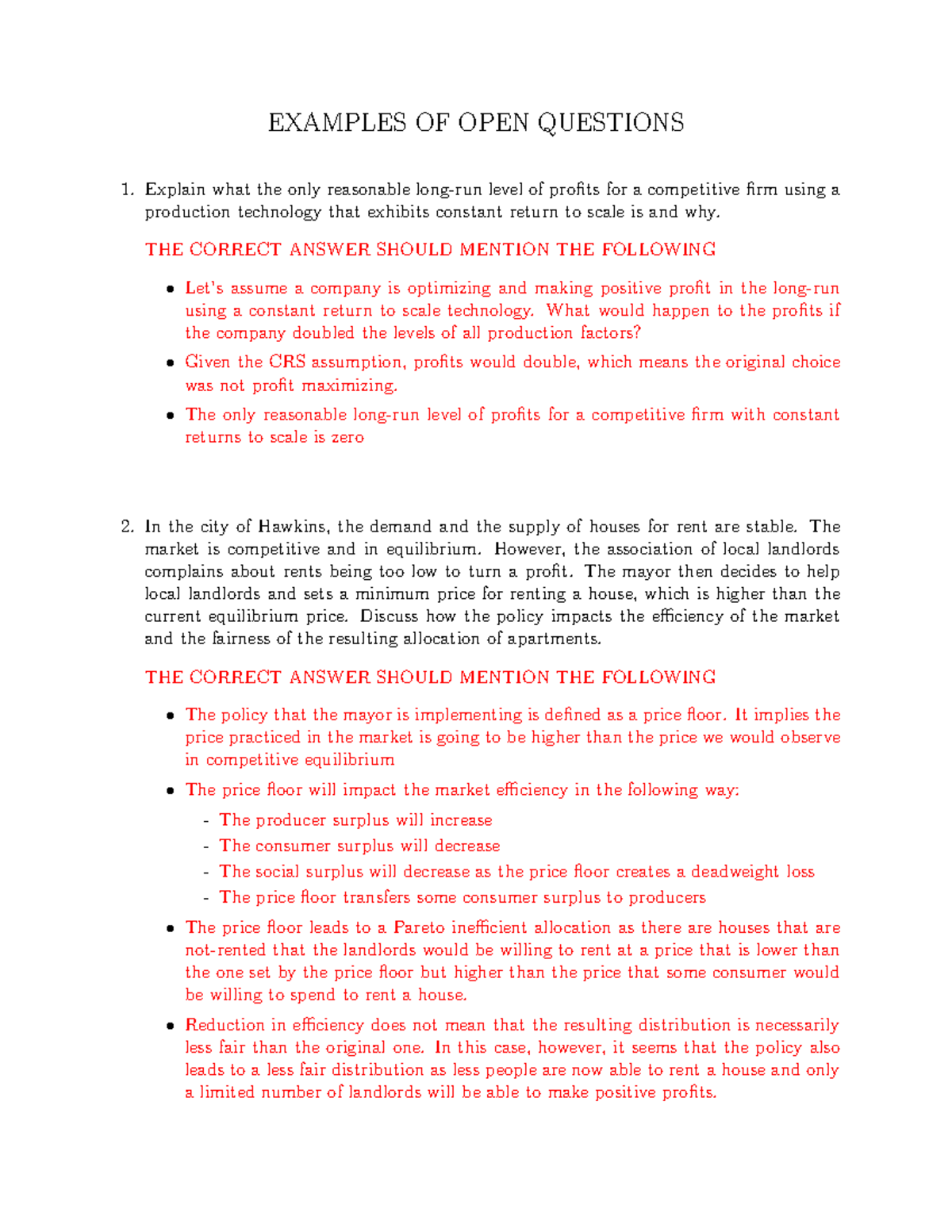 Exam like open questions solutions 2020 - EXAMPLES OF OPEN QUESTIONS ...