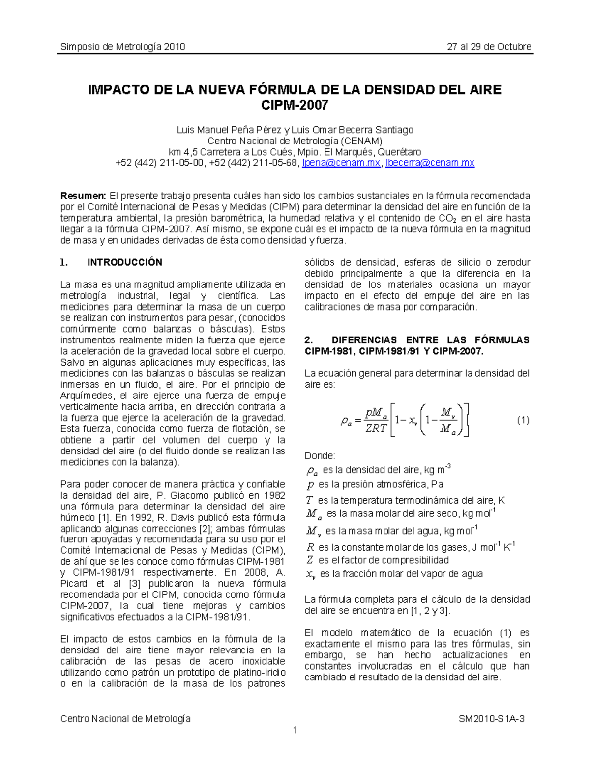 Sm2010-mp03a - Impacto de la Nueva Fórmula de la Densidad del Aire CIPM ...