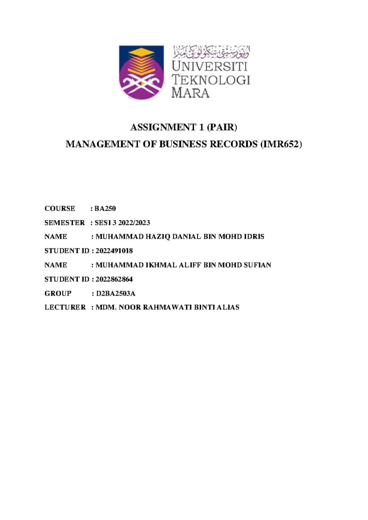 BA2503A IMR652 assignment (partner) - ASSIGNMENT 1 (PAIR) MANAGEMENT OF ...