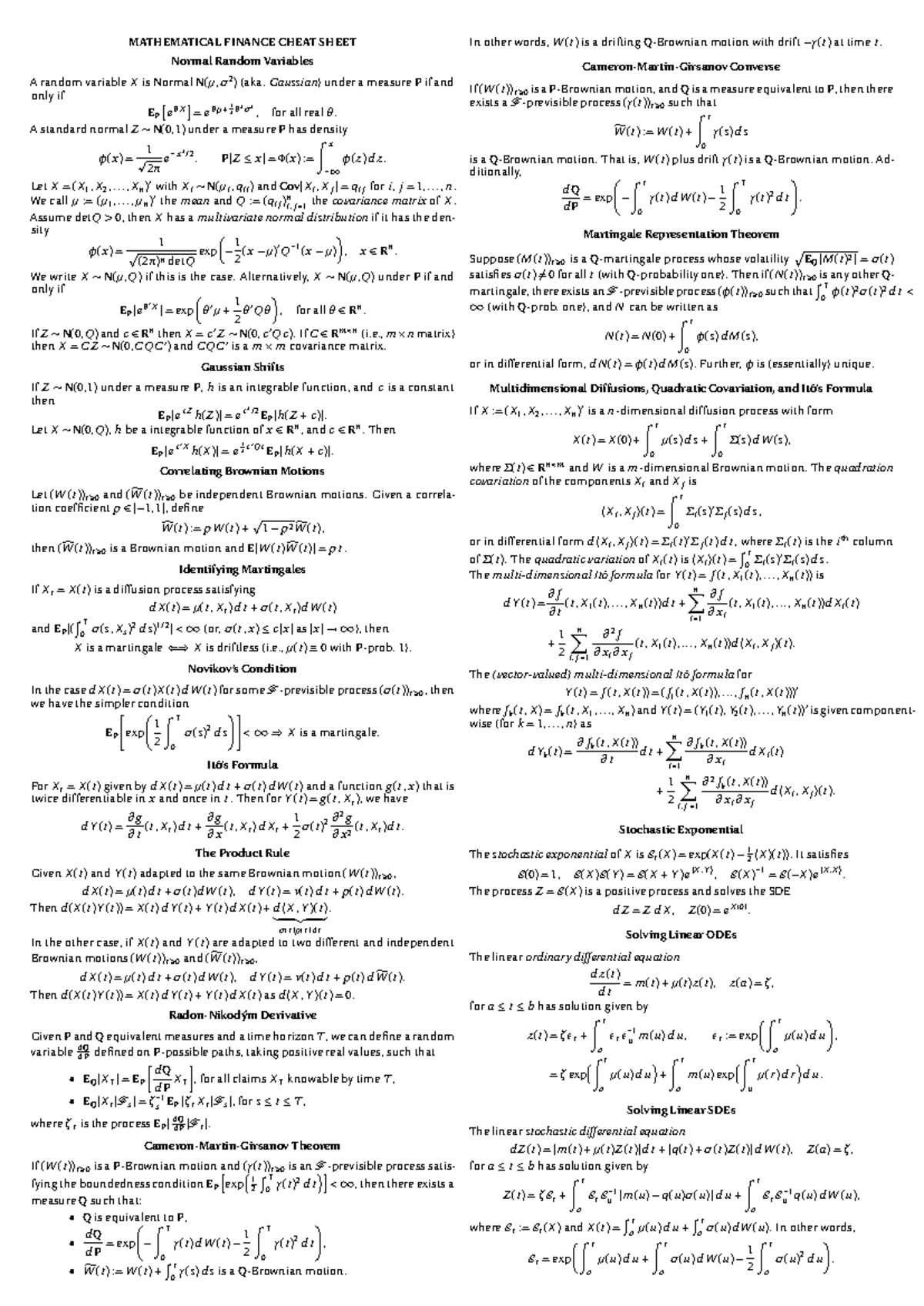 Mathficheatsheet - aide - MATHEMATICAL FINANCE CHEAT SHEET Normal ...