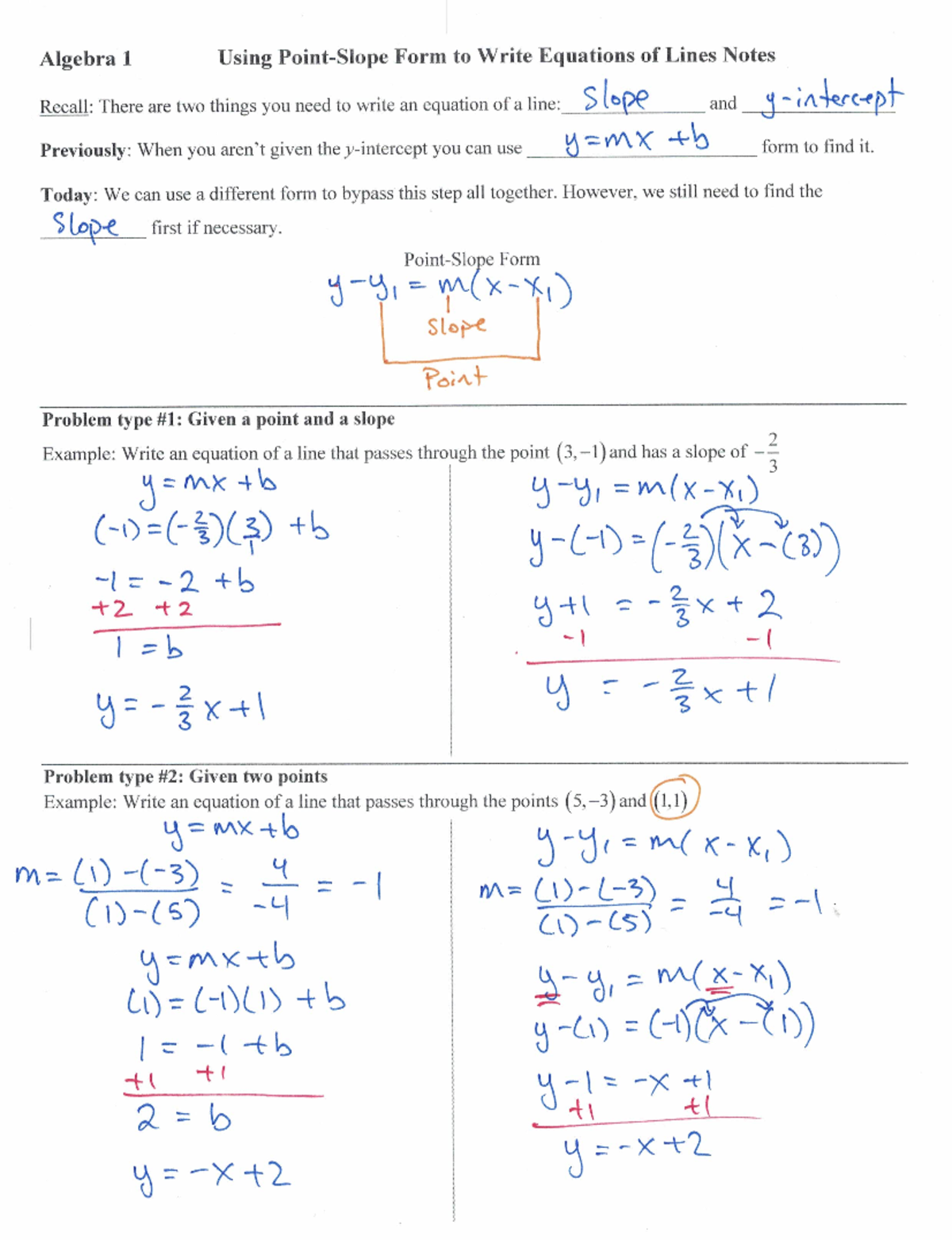 09-30-16. Using point-slope form to write equations notes Completed ...