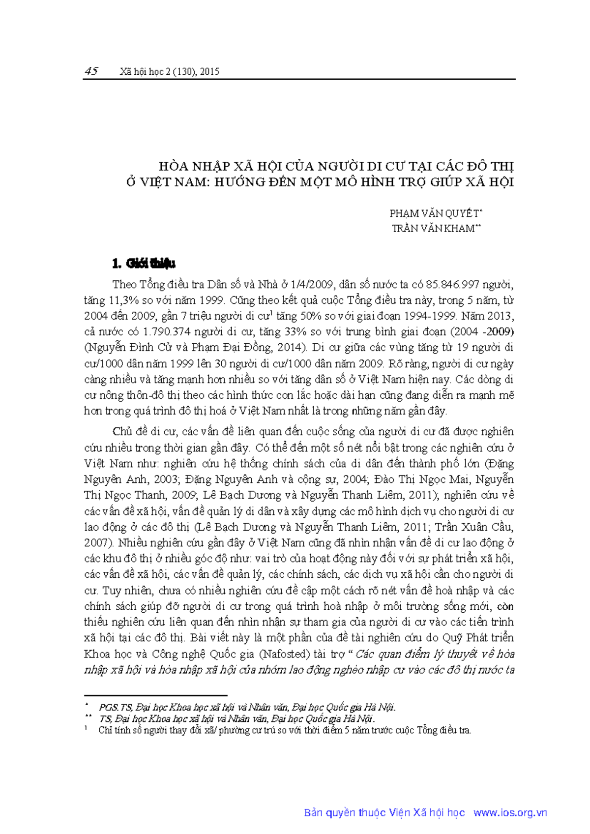 So2 2015 Pham Van Quyet Tran Van Kham - 45 Xã hội học 2 (130), 2015 HÒA NHẬP XÃ HỘI CỦA NGƯỜI DI ...