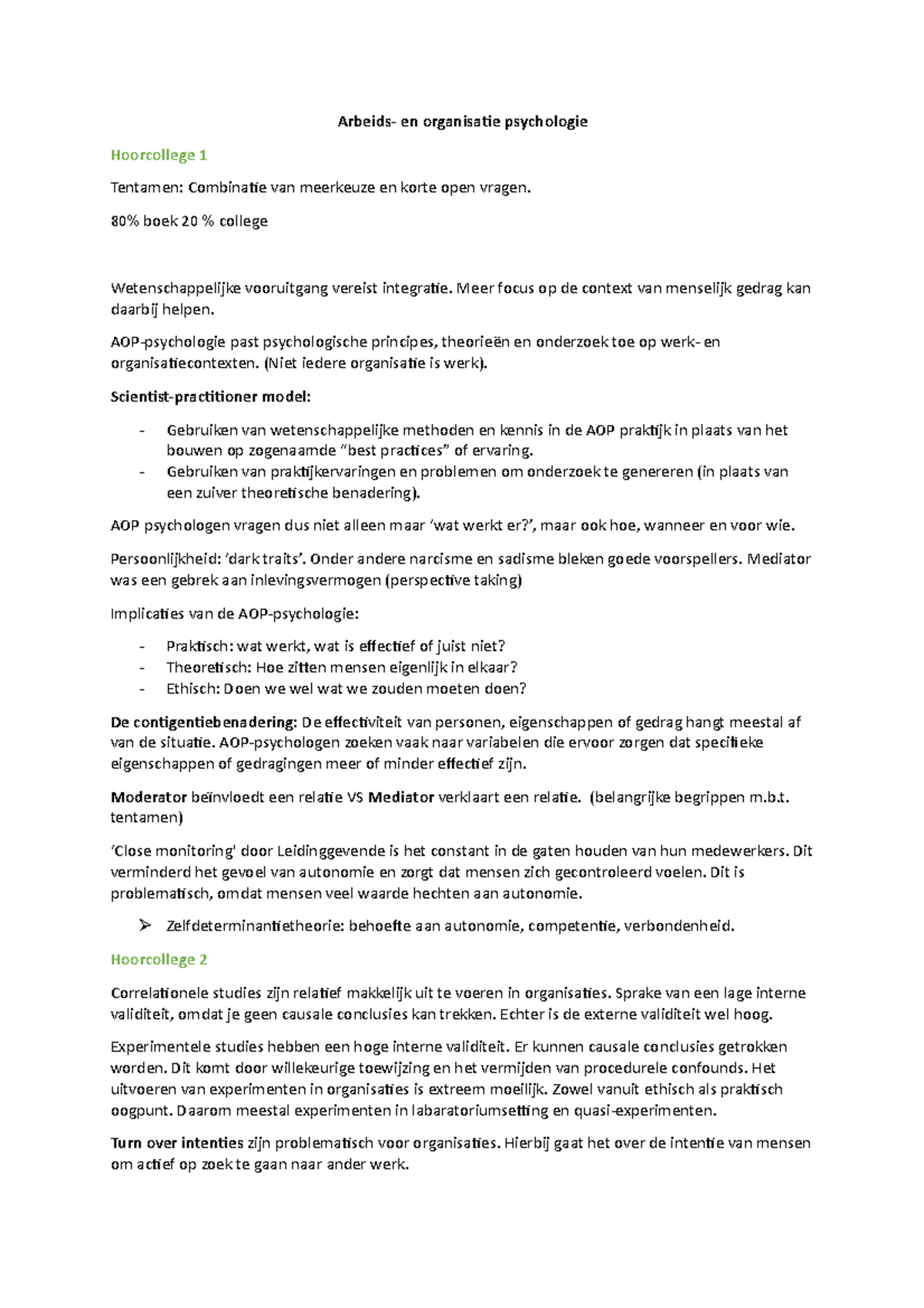 Hoorcollege aantekeningen AOP - Arbeids- en organisatie psychologie ...