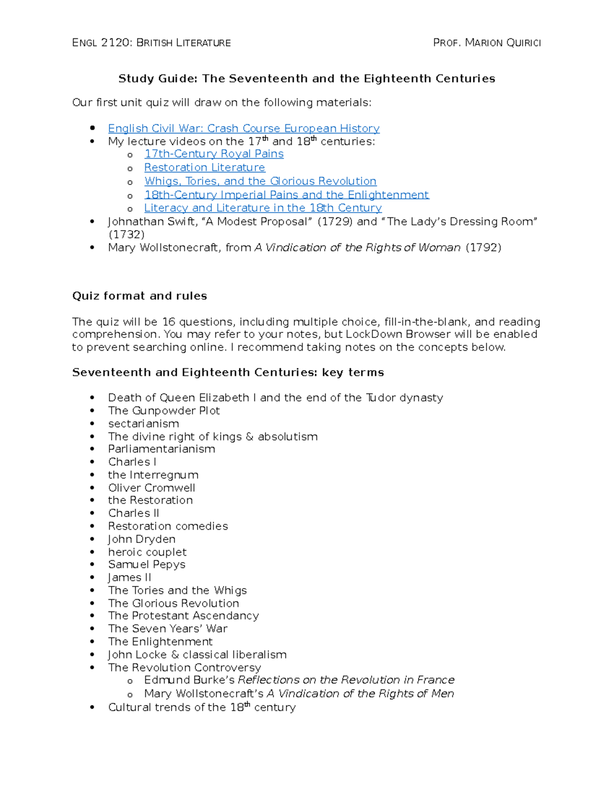 Study Guide- 17th and 18th Centuries - ENGL 2120: BRITISH LITERATURE ...