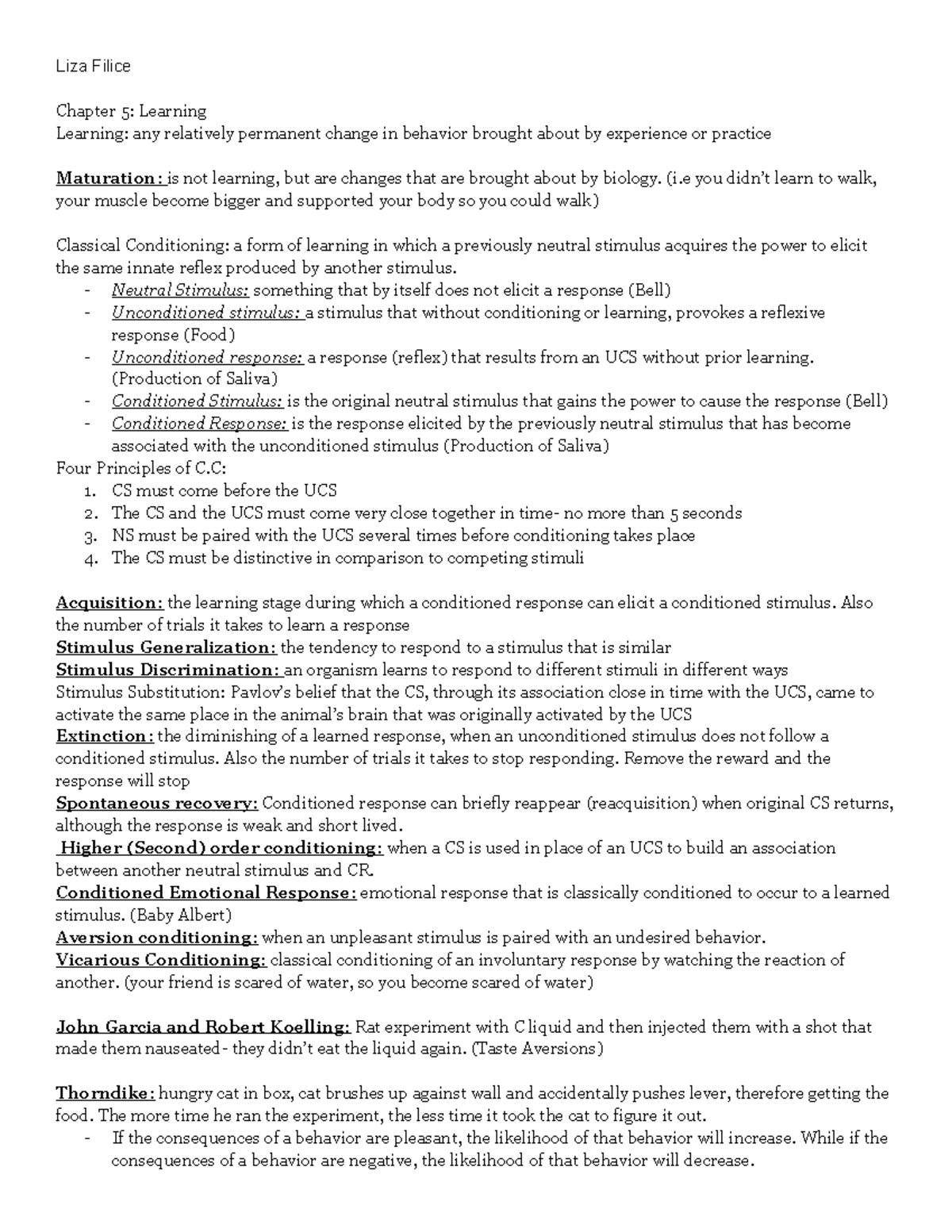 Psych AP- Chapter 5 6 7 Review - Chapter 5: Learning Learning: any relatively permanent change ...