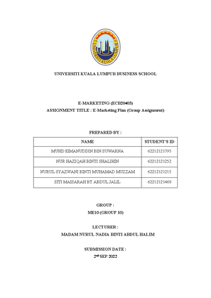 Marketing PLAN G10 - notes in here - UNIVERSITI KUALA LUMPUR BUSINESS ...