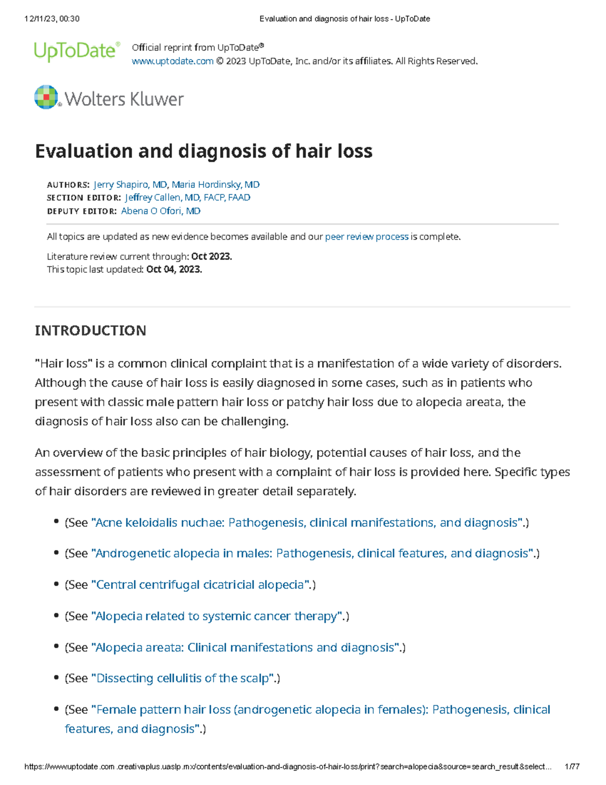 Evaluation and diagnosis of hair loss - Up To Date - - Studocu