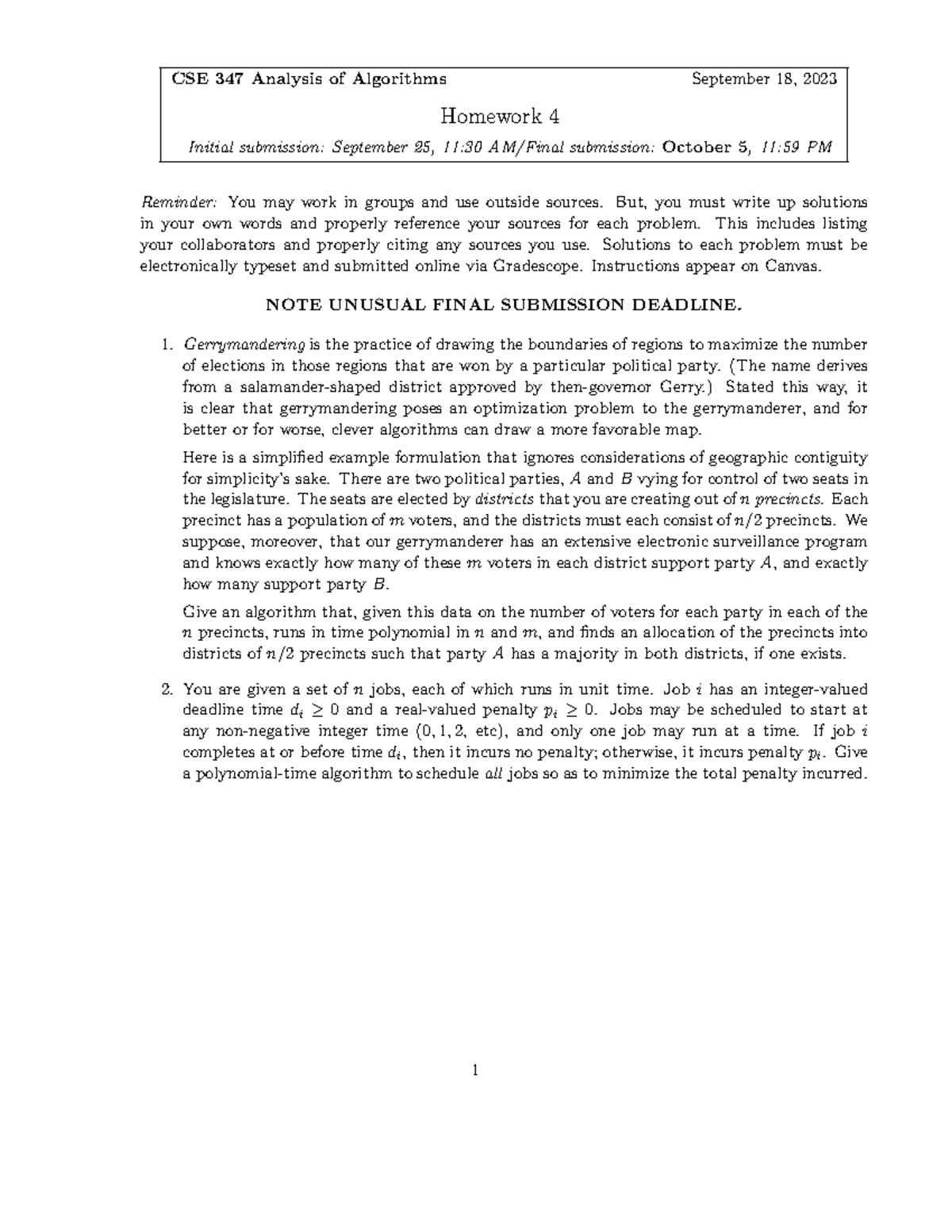 Hw F23 4 Homework Assignment Cse 347 Analysis Of Algorithms September 18 2023 Homework 4