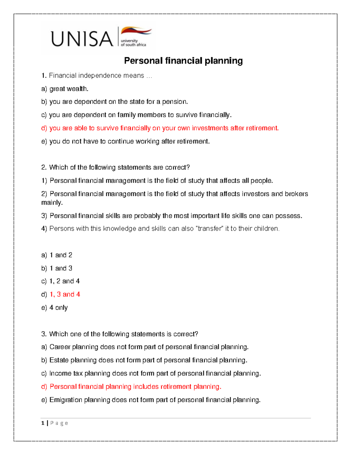 Personal financial planning Feedback to MCQs-1 - Personal financial ...