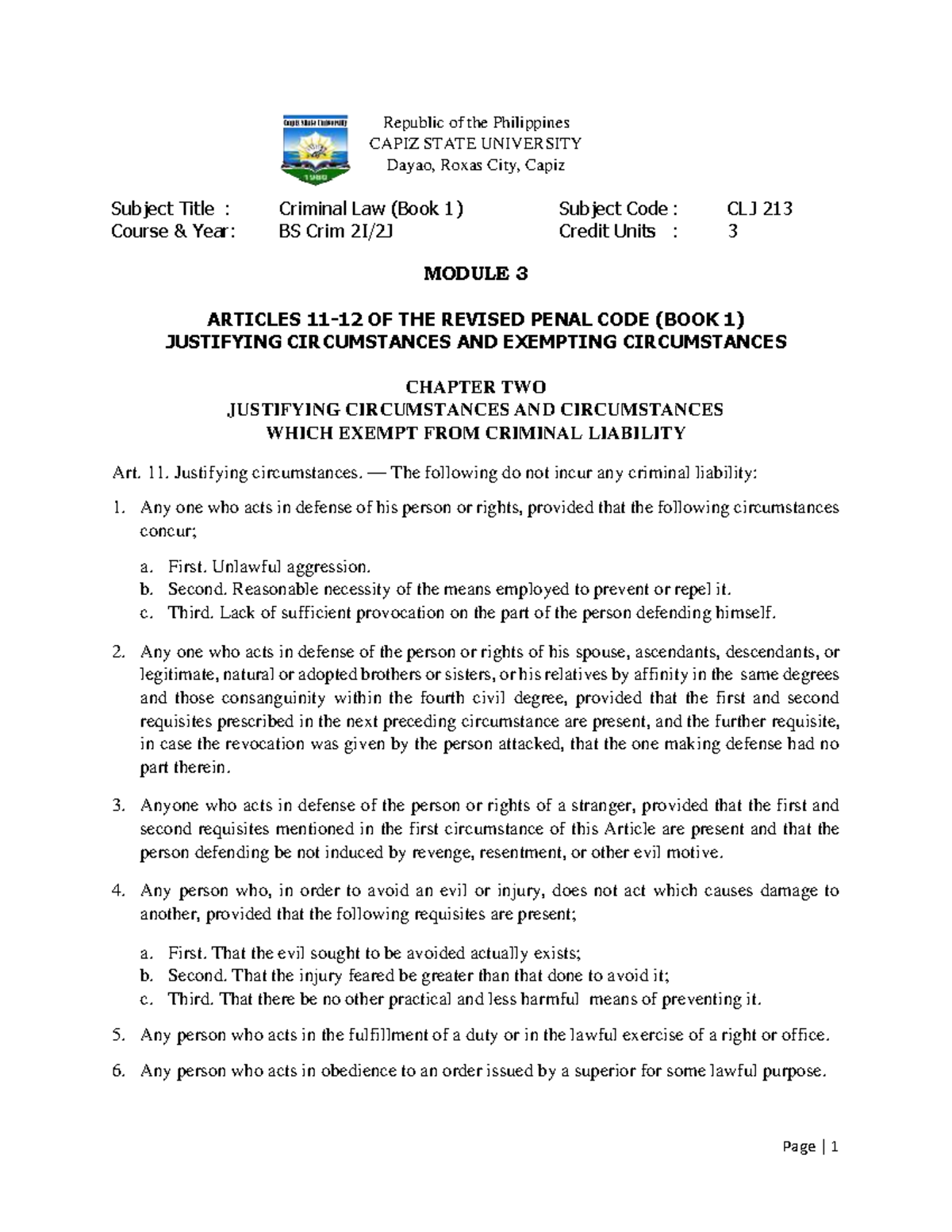 Module 3 - Article 11-12 of the RPC - Republic of the Philippines CAPIZ ...