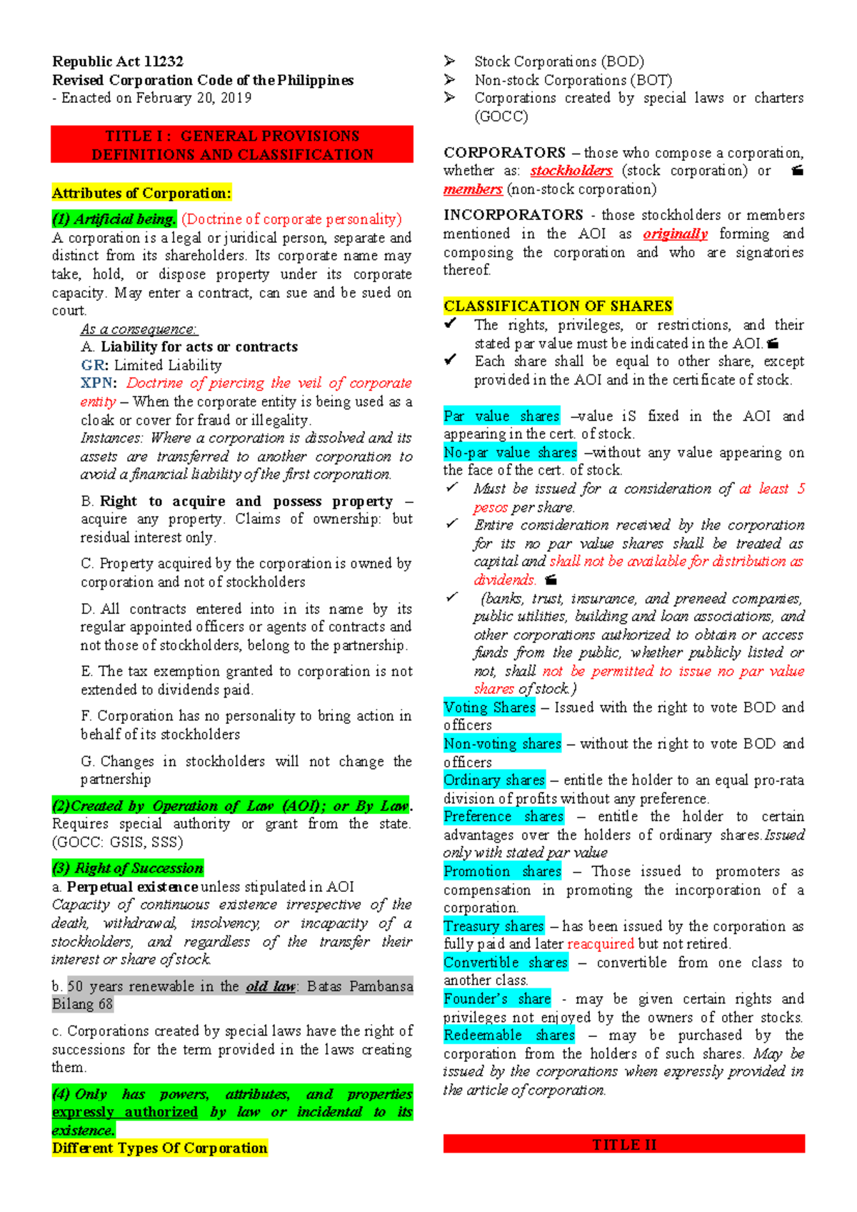 Revised Corporation Code Notes - Republic Act 11232 Revised Corporation ...