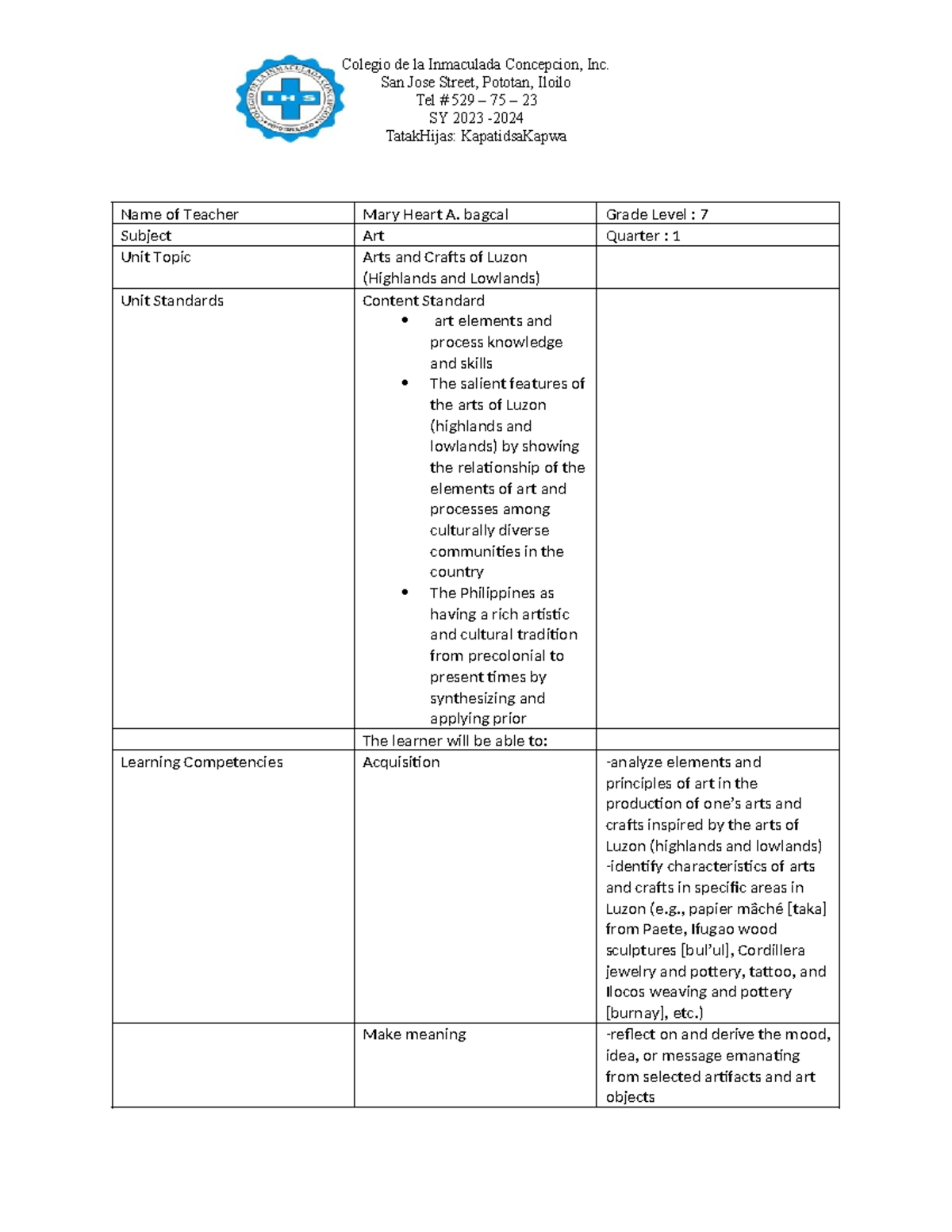 Art 7 learning plan - Colegio de la Inmaculada Concepcion, Inc. San ...