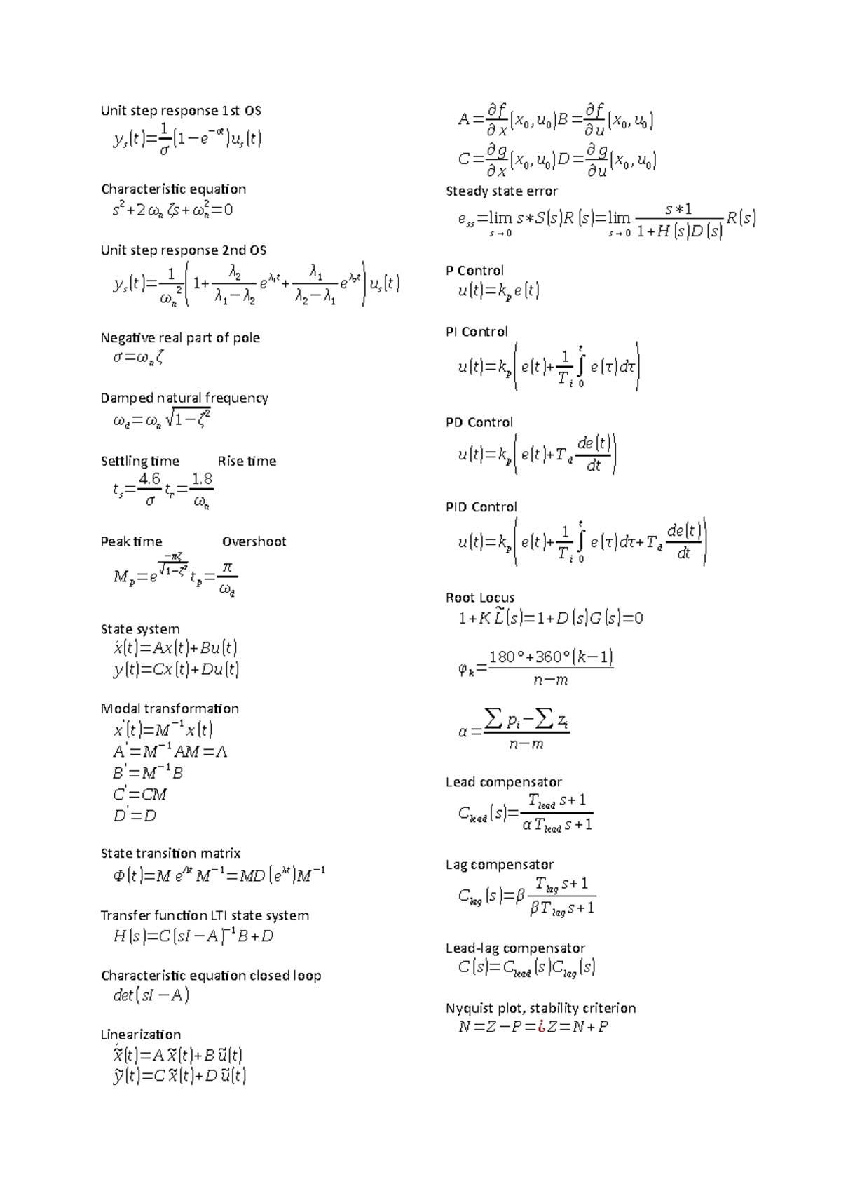 Formuleblad Systeem & Regeltechniek - x 0 ,u 0 ) ( x 0 , u0 ) ( x 0 ,u0 ...