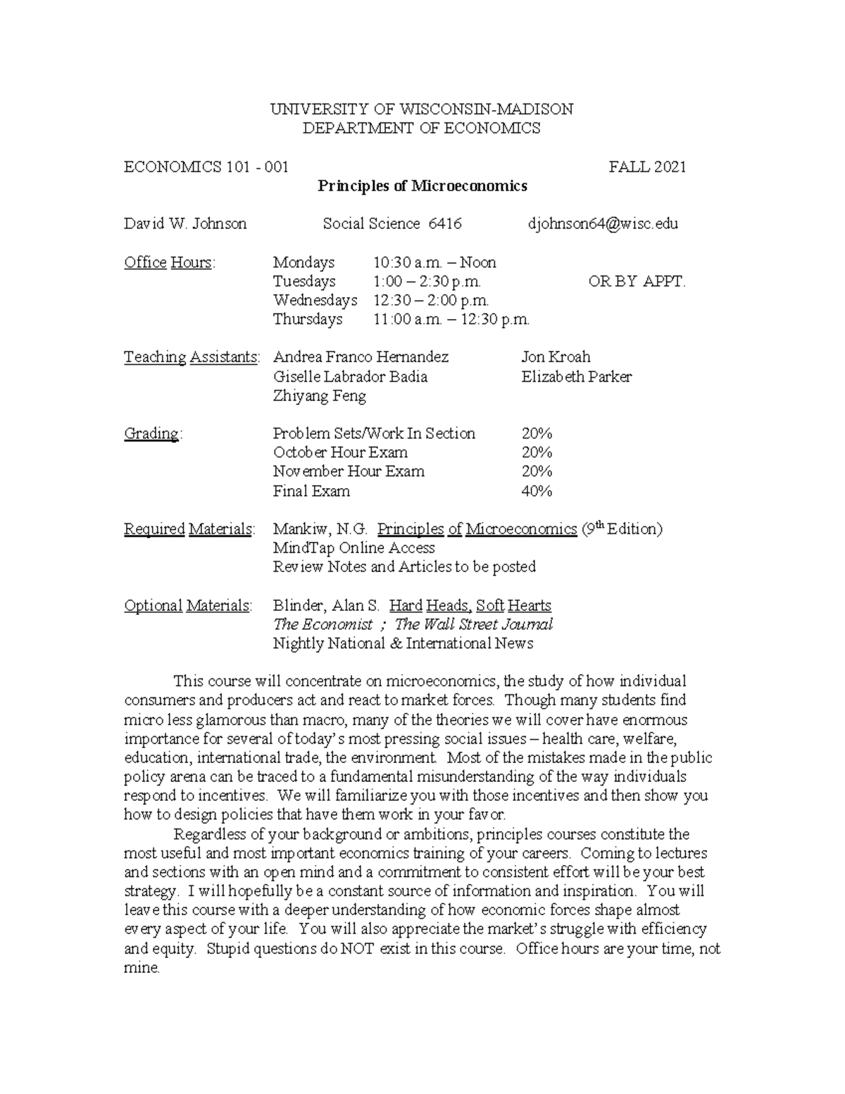 101Syllabus F 21 Econ micro - UNIVERSITY OF WISCONSIN-MADISON ...