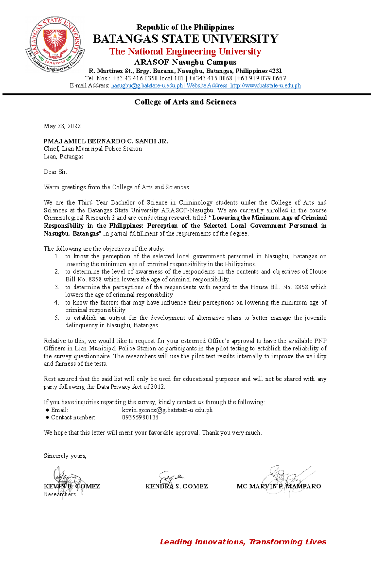Letter for pilot testing (PNP) - Republic of the Philippines BATANGAS ...