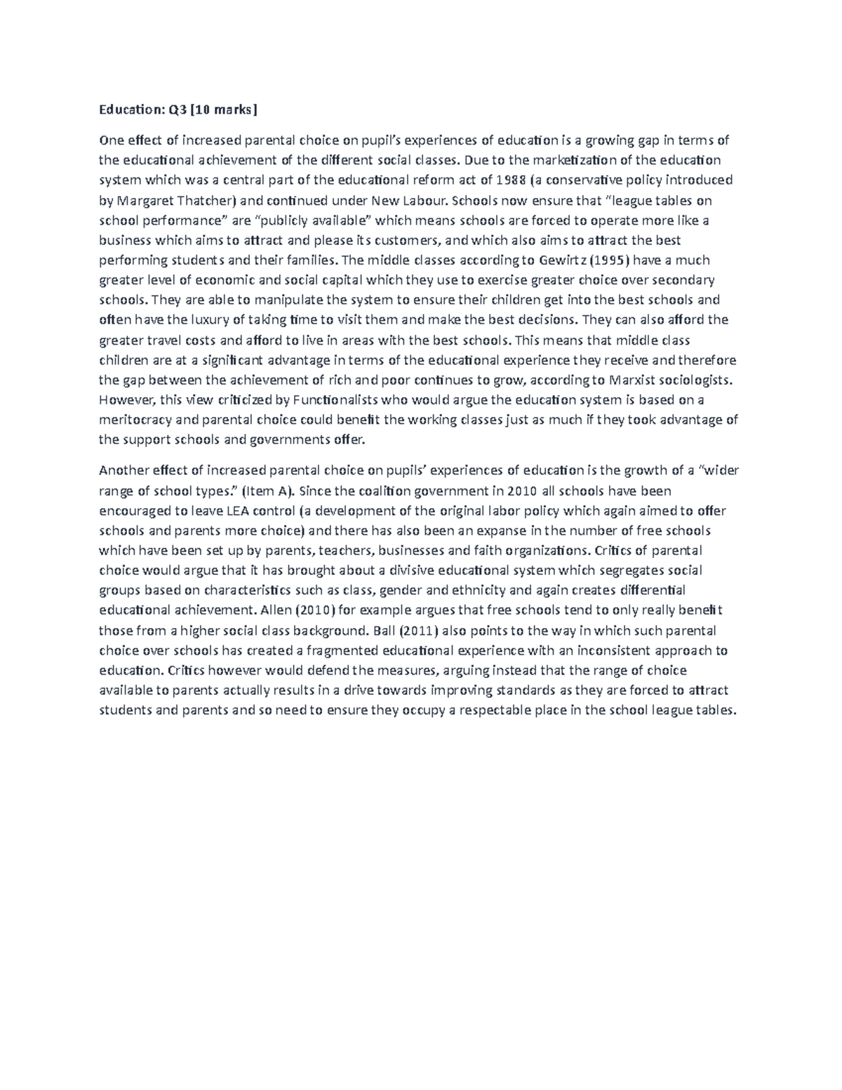 Sociology 10 Marker - Theorists - Education: Q3 [10 marks] One effect ...