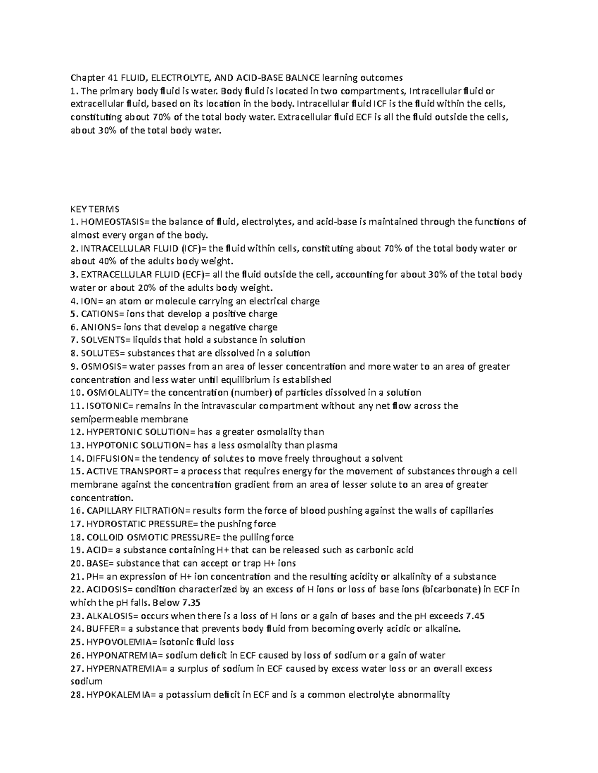 Fluid and acid base balance notes - Chapter 41 FLUID, ELECTROLYTE, AND ...